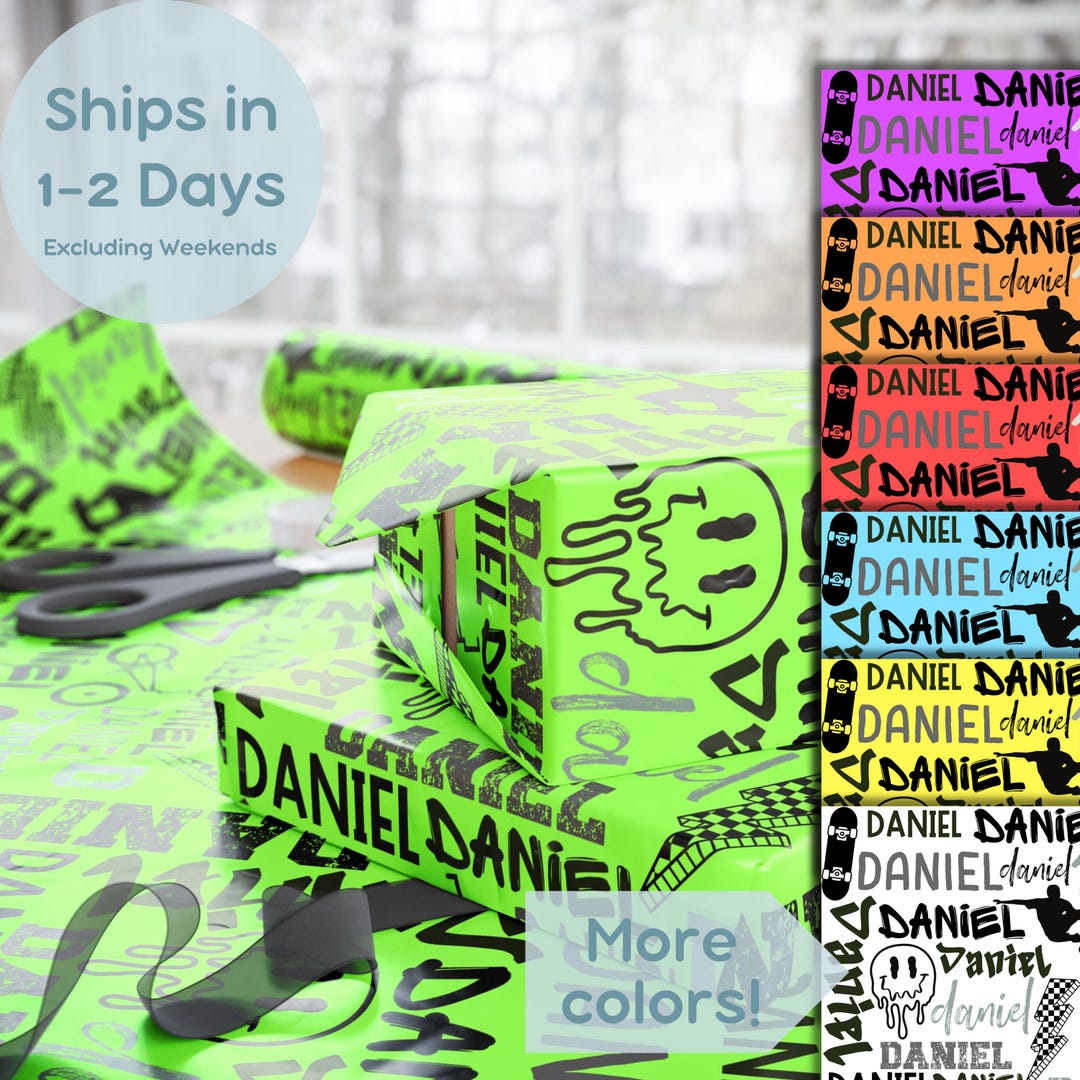 Birthday Gift Wrap With Skateboard Theme Personalized Name Paper for ...