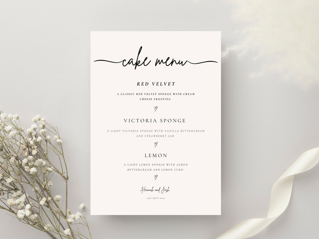 Modern Cake Menu Sign Template, Minimalist Wedding Cake Flavour ...