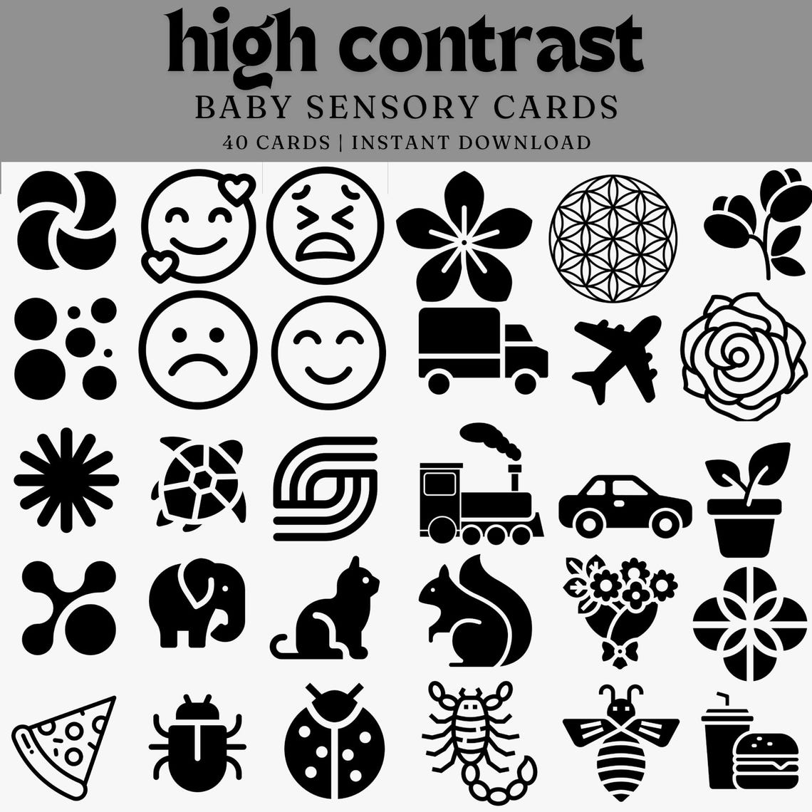 High Contrast Black and White Sensory Cards for Infant, Newborn Baby ...
