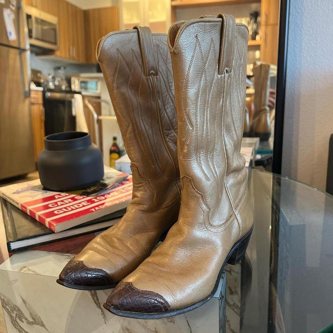 Vintage Gold/tan Leather Cowboy Boots - Etsy
