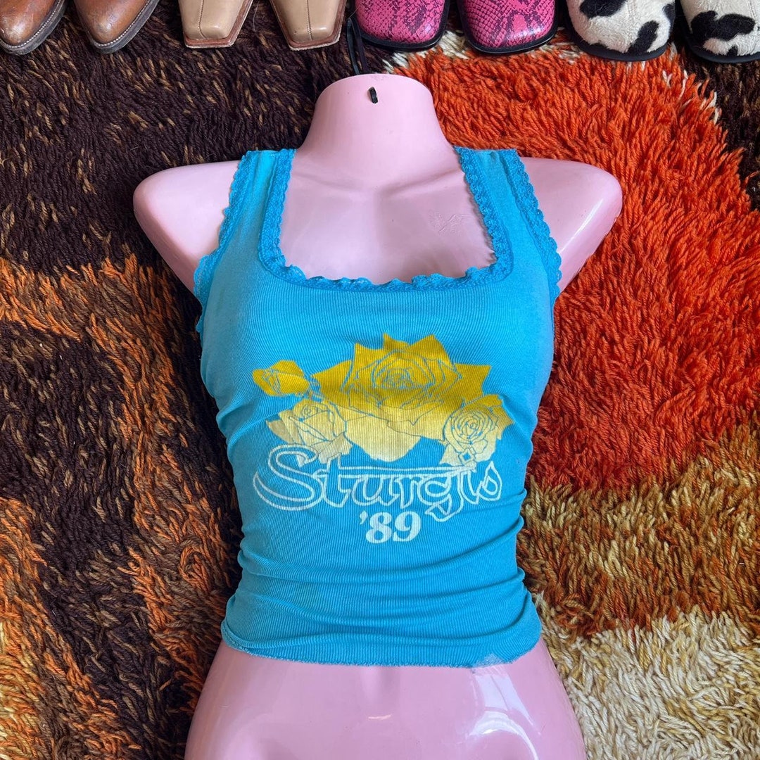 Vintage 1989 Thrashed Sturgis Blue Floral Tank Top - Etsy