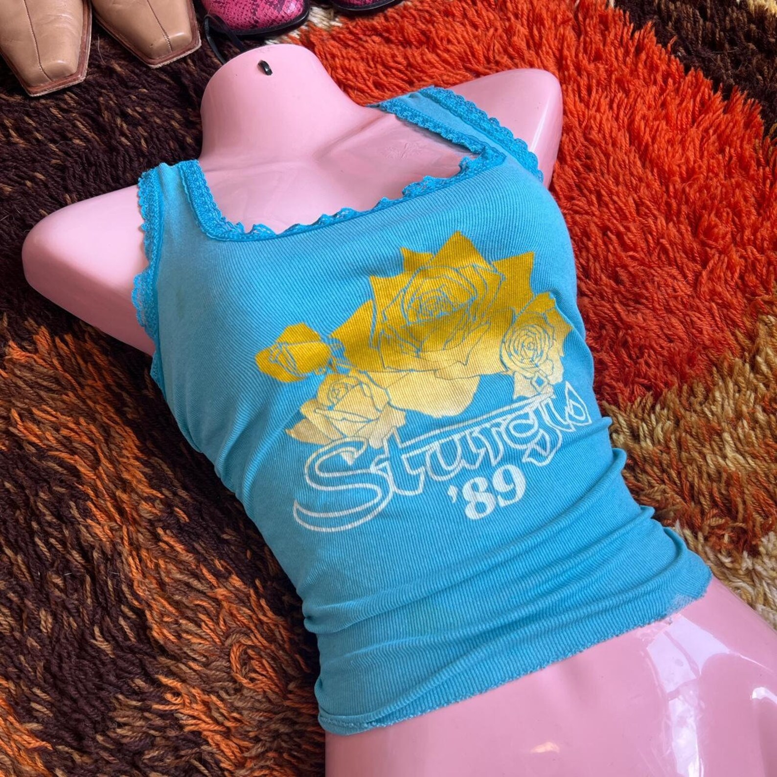 Vintage 1989 Thrashed Sturgis Blue Floral Tank Top - Etsy