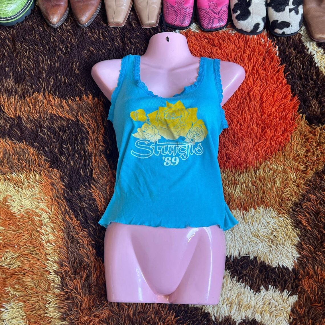 Vintage 1989 Thrashed Sturgis Blue Floral Tank Top - Etsy
