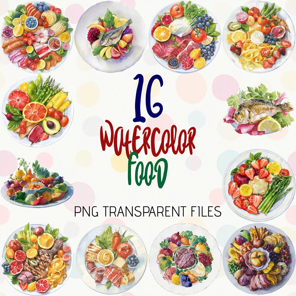 16 Watercolor Foods on the Plate Digital Colorful Gorgeous Clipart ...