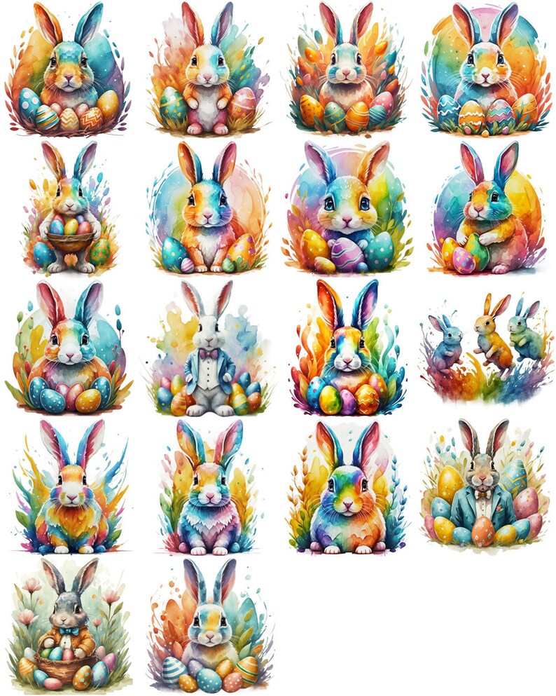18 Watercolor Beautiful PNG Easter Bunnies Digital Colorful Clipart ...