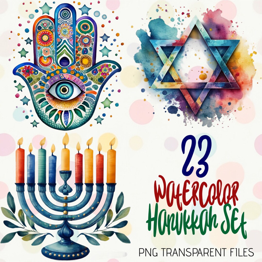 23 Watercolor Beautiful PNG Hanukkah Set Digital Colorful Gorgeous ...