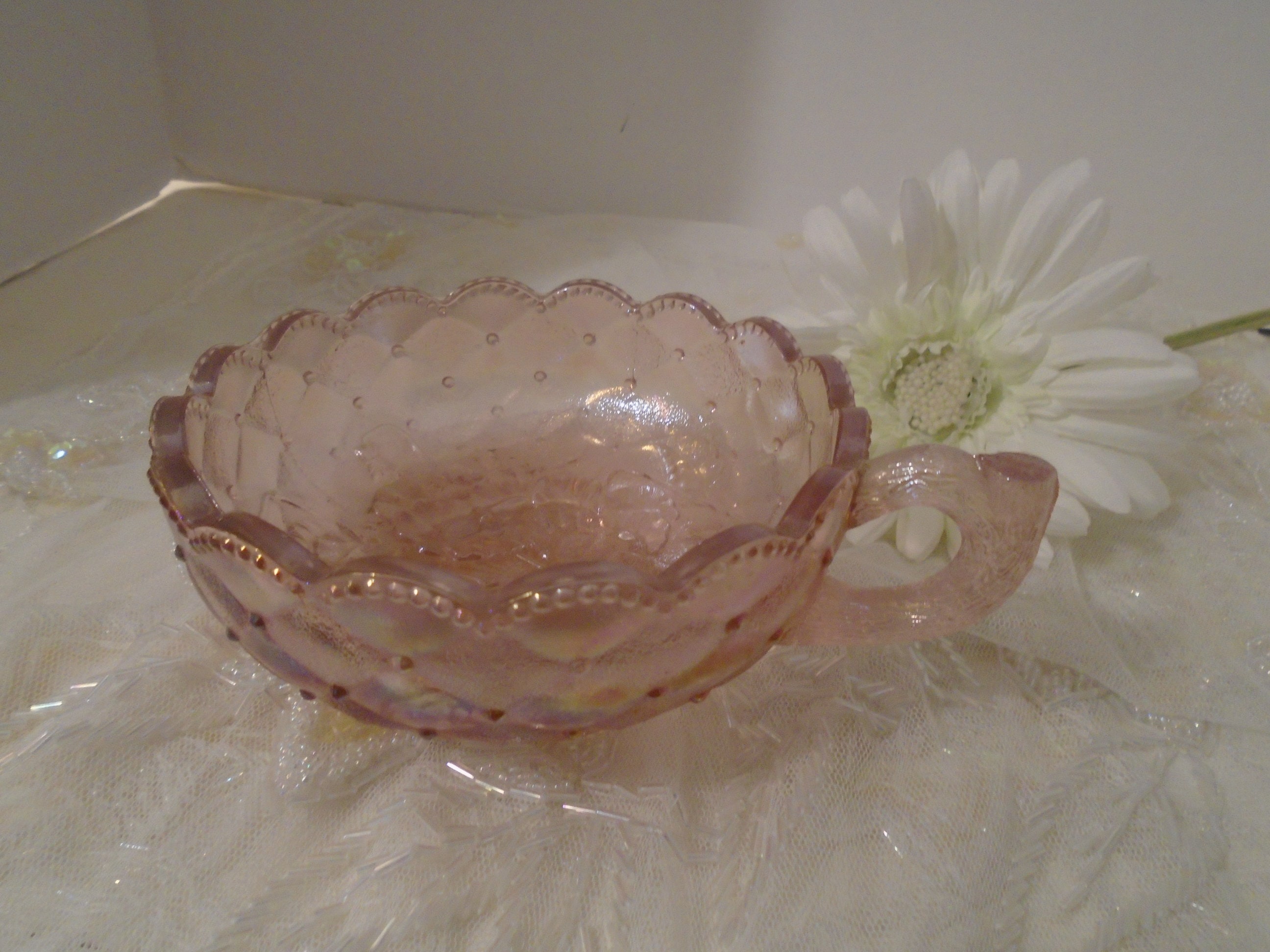 Vintage Pink Carnival Glass Bowl With Handle by LG Smith - Etsy