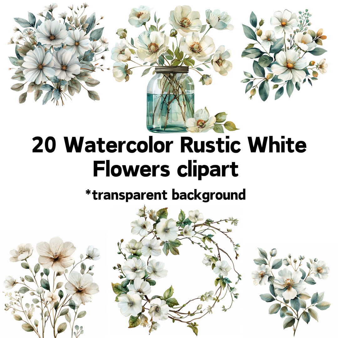 Watercolor Rustic White Flowers Clipart - Wild Floral Clipart - Floral Bouquets - Comercial Use ...