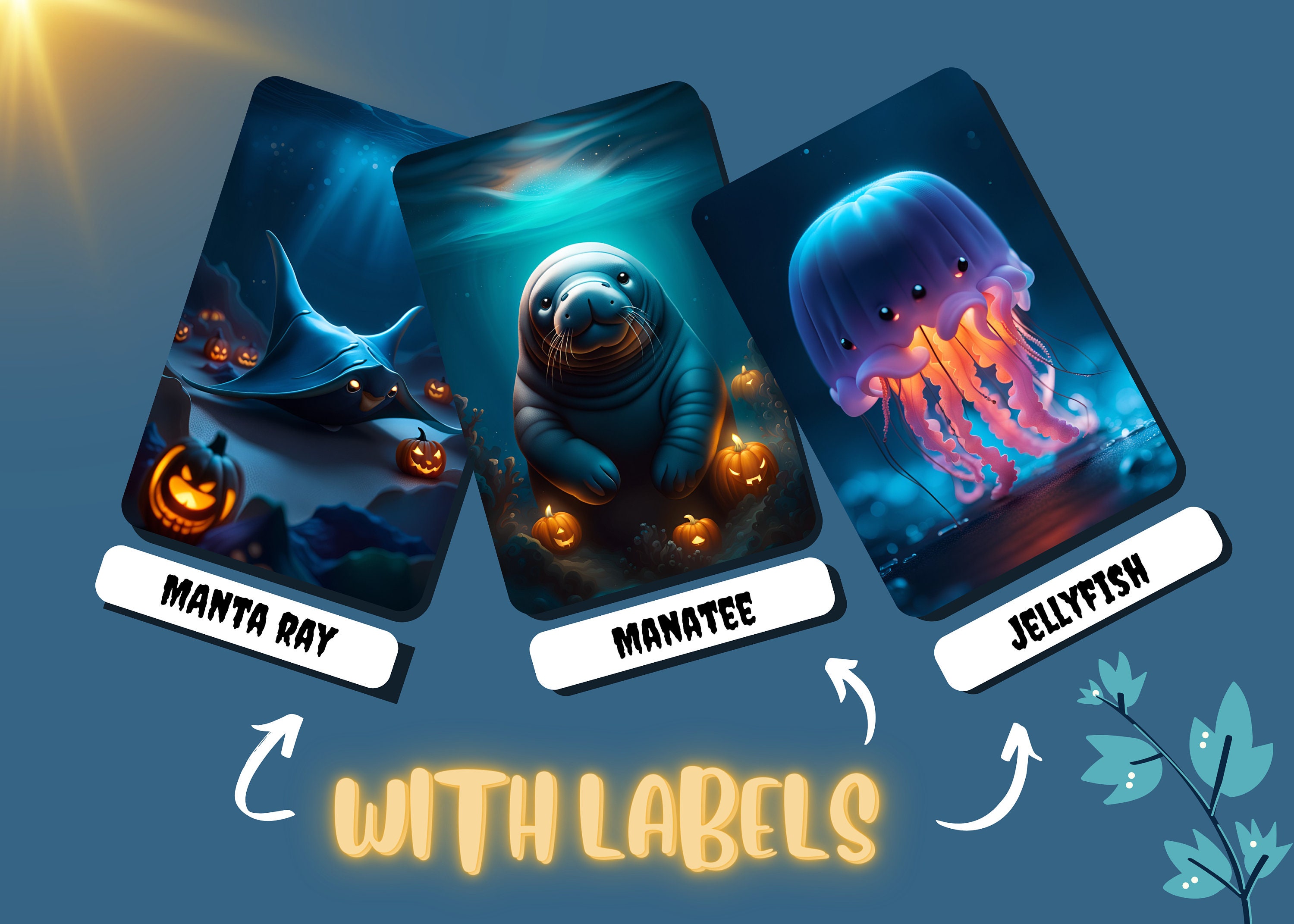 48 Ocean Animals Flashcards: Halloween 2023 Cartoony Flash Cards ...