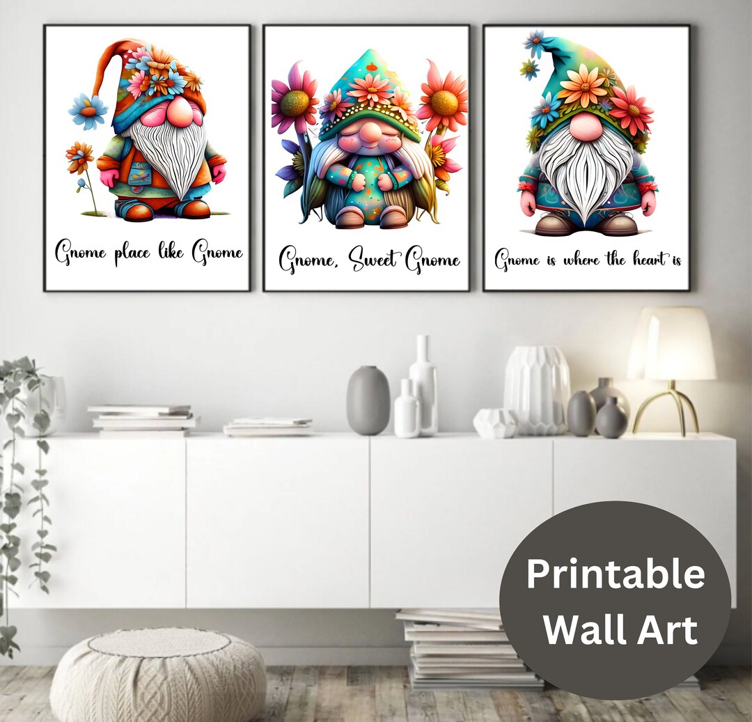 Printable Gnome Wall Art, Gnome Wall Art Design, 3 Set Digital Wall Art ...