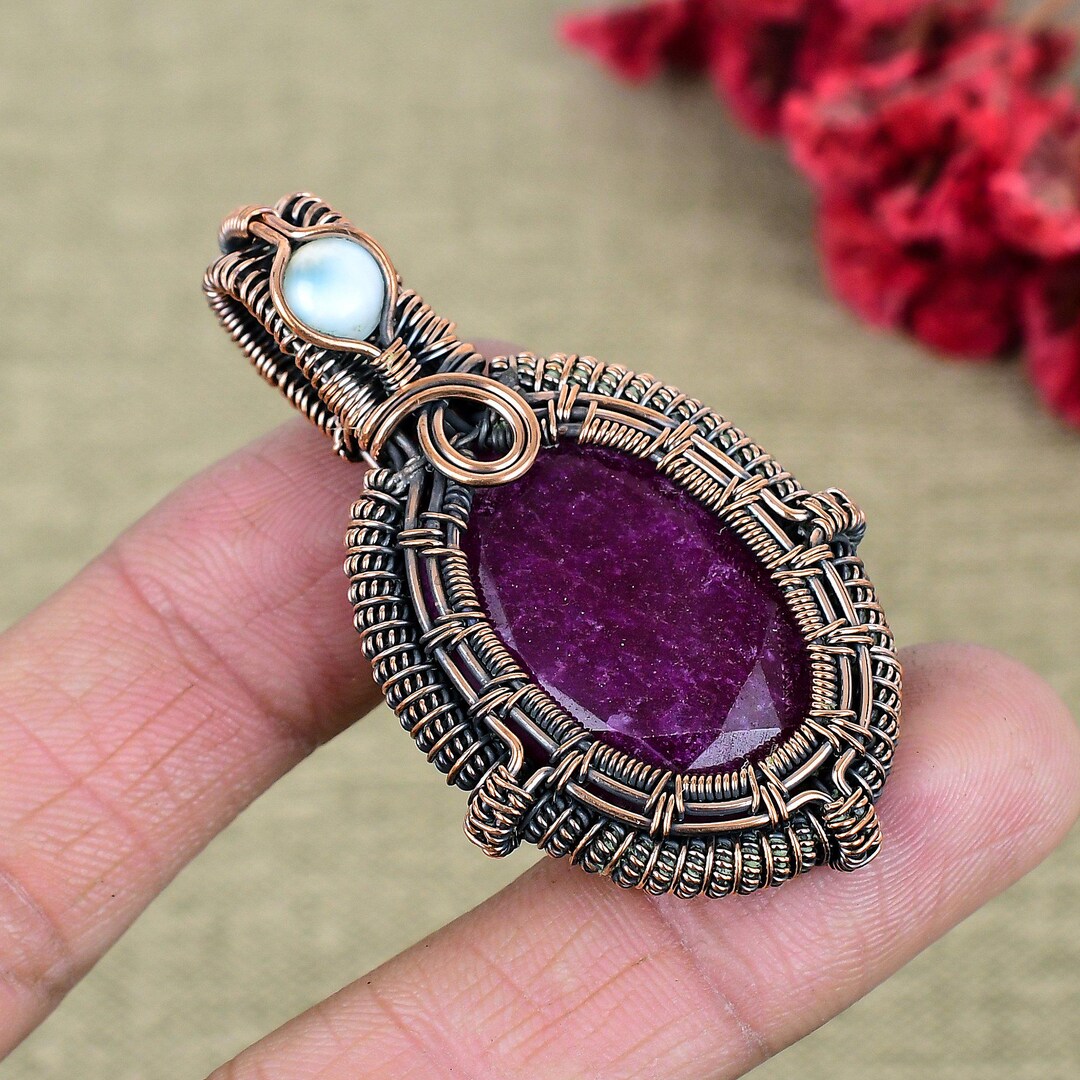 Kashmir Red Ruby & Larimar Copper Wire Wrapped Pendant - Etsy