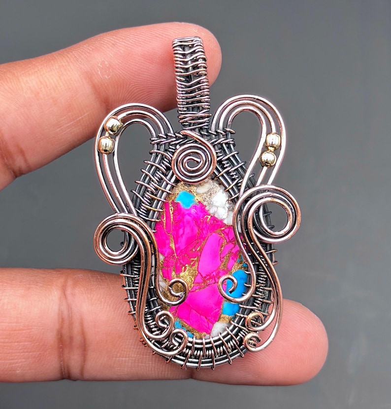 Copper Wire Wrapped Cotton Candy Turquoise Pendant - Handmade Gemstone ...
