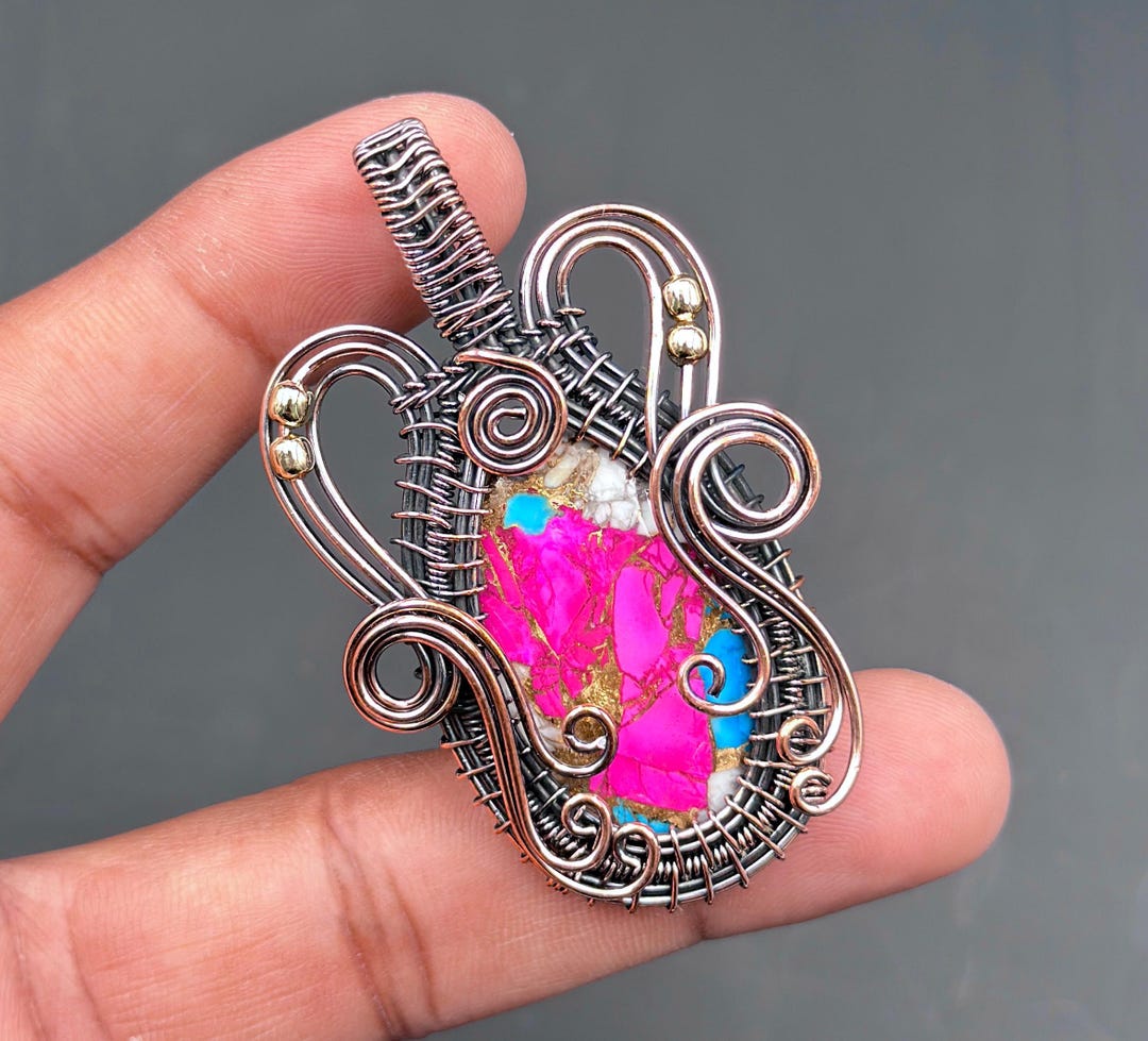 Copper Wire Wrapped Cotton Candy Turquoise Pendant - Handmade Gemstone ...