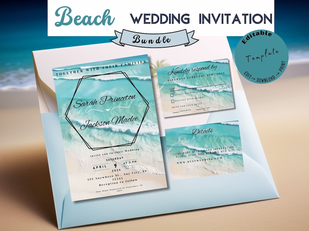 Beach Wedding Digital Invitation | Wedding Invitation Bundle | Beach ...