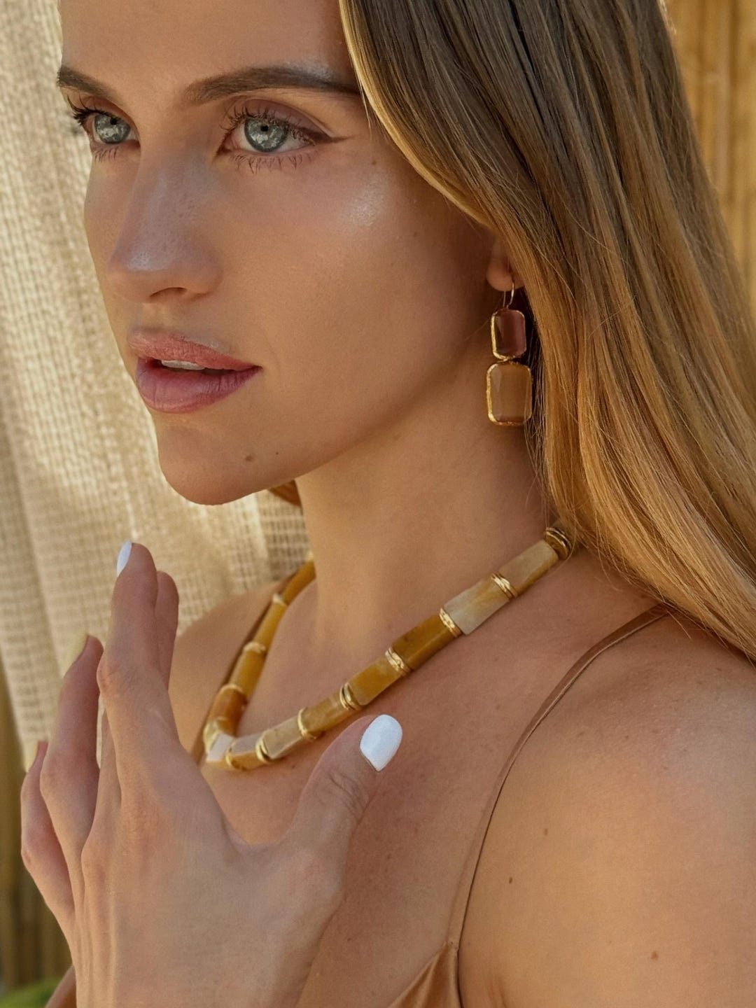 Gold Natural Stone Necklace, Ahola Agate Stone Necklace, Agate Stone ...