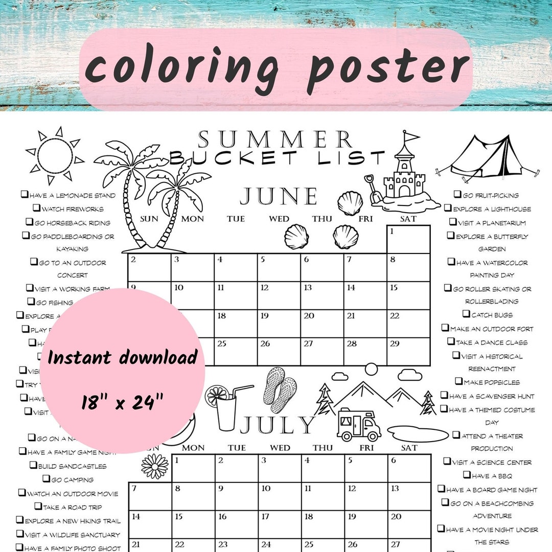 Summer Bucket List Printable Calendar Summer Activities for - Etsy