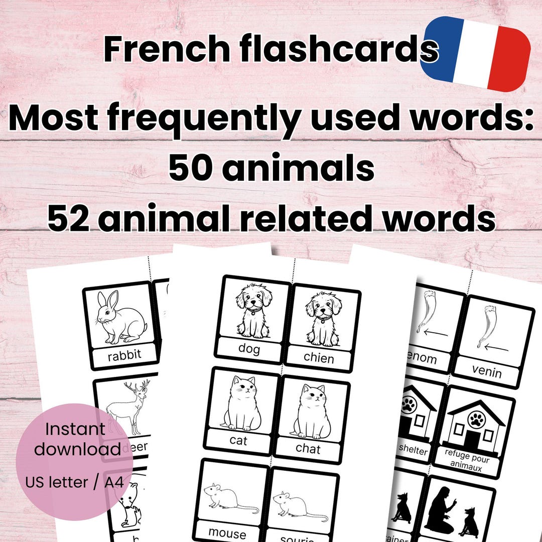 French Animal Flashcards: Beginner Vocabulary, Coloring Cards (digital ...