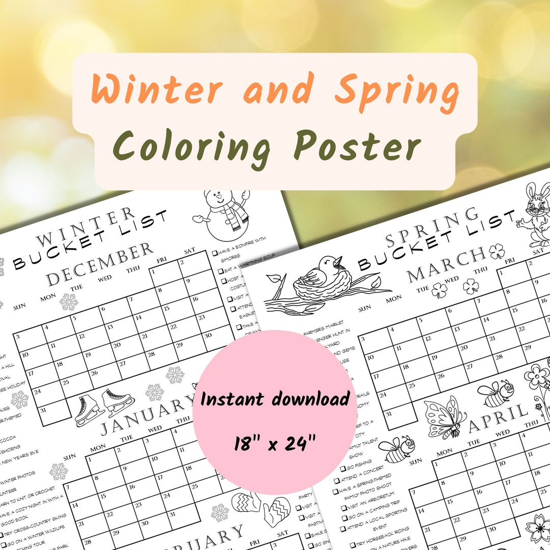 Winter Spring Coloring Calendar Poster, Kids Activities (printable PDF ...