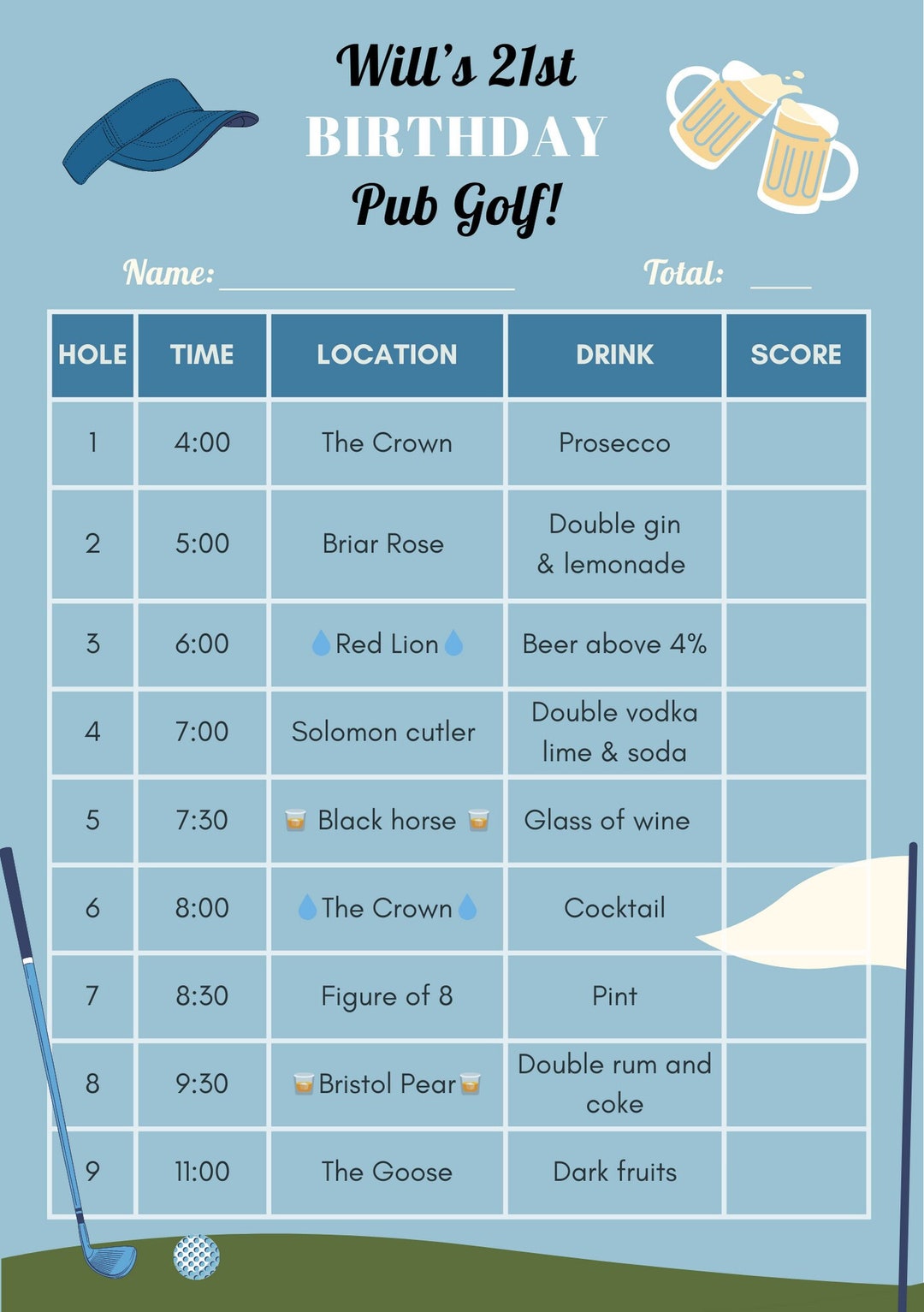 Customisable Pub Golf Templates - Blue Pint Template - Etsy