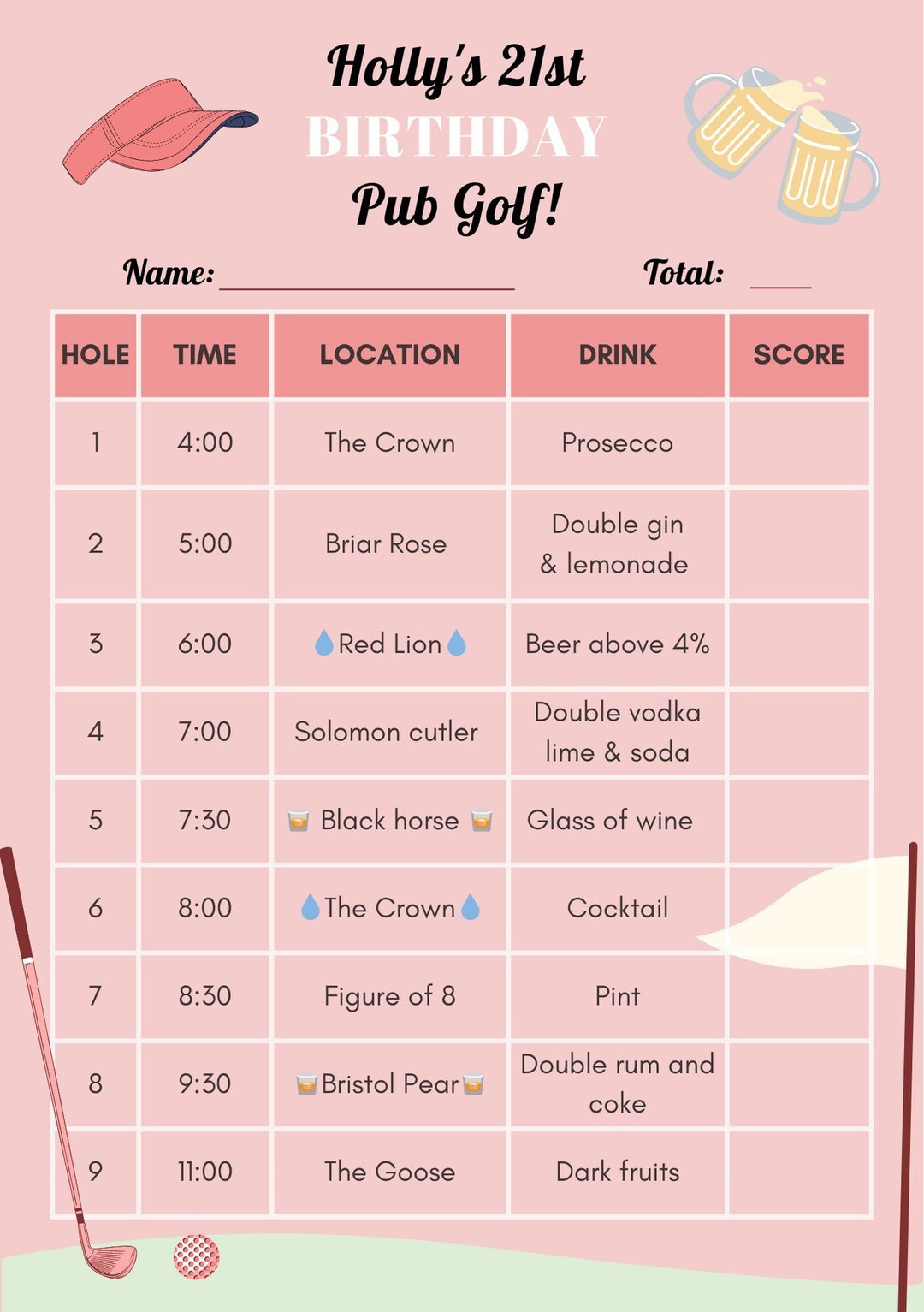 Customisable Pub Golf Templates - Pink Pint Template - Etsy