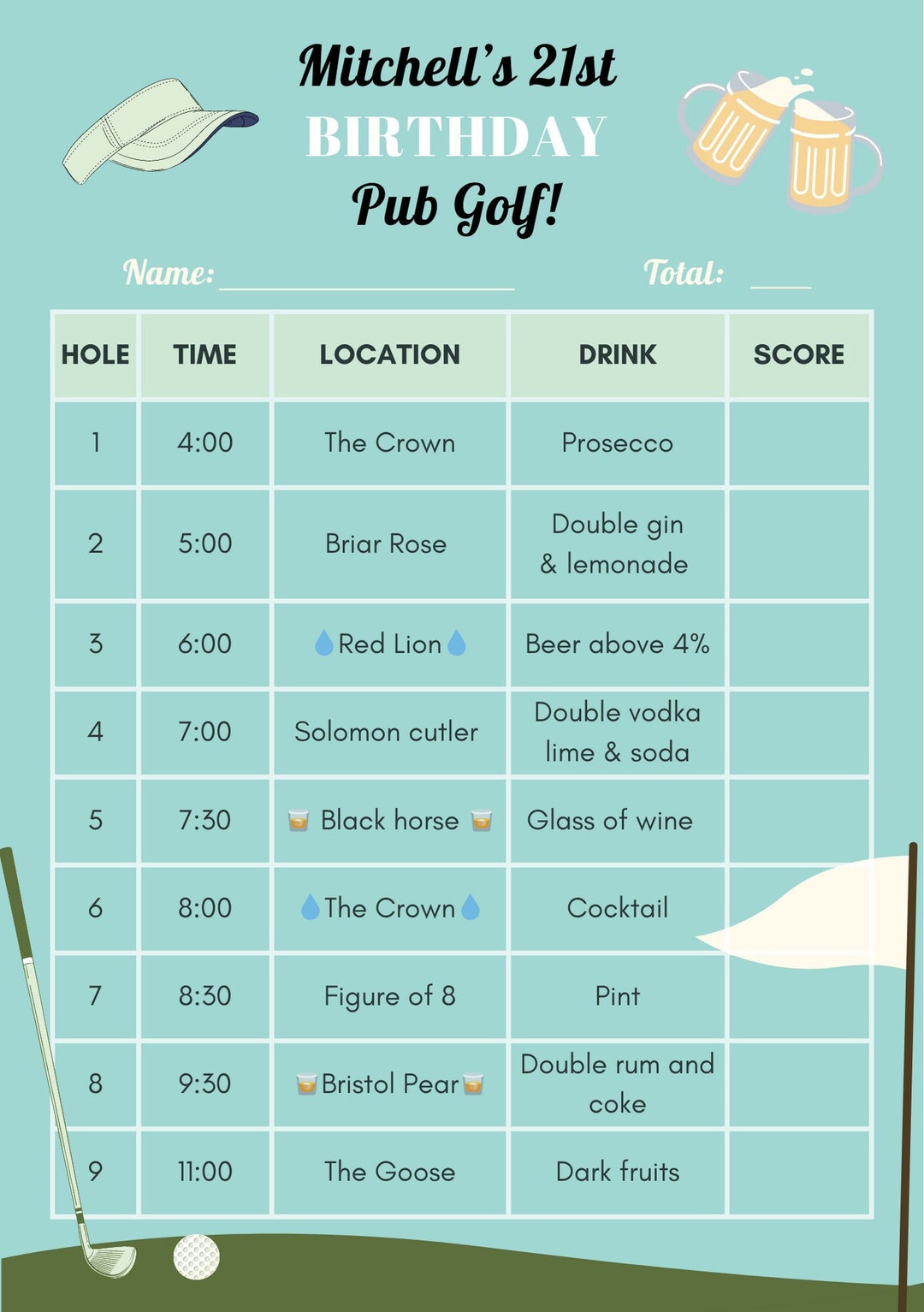 Customisable Pub Golf Templates - Green Pint Template - Etsy