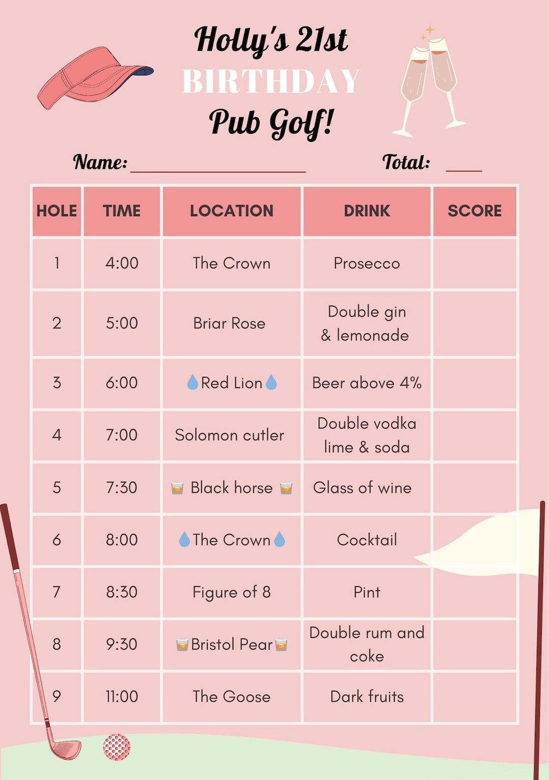 Customisable Pub Golf Templates - Pink Champagne Template - Etsy