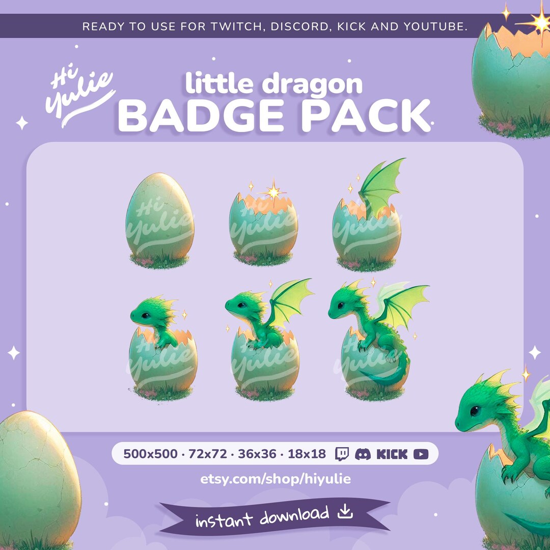 Green Dragon Badges for Twitch, Cute Fantasy Subscriber Pack, Magic ...