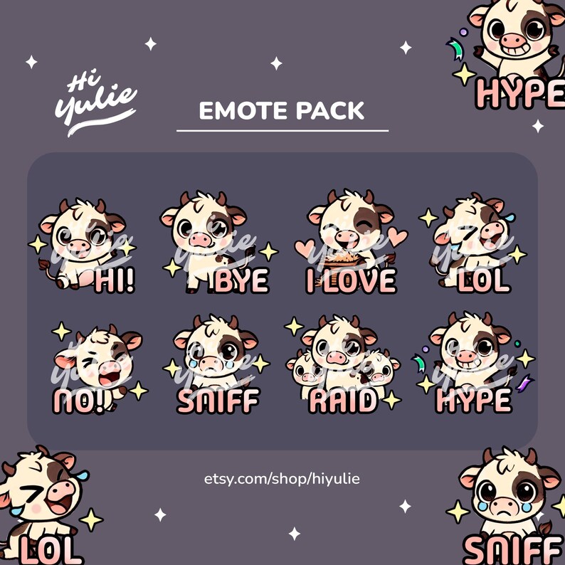 COW EMOTES Twitch, Discord, Youtube Streaming Emote Pack Hi, Bye, I ...