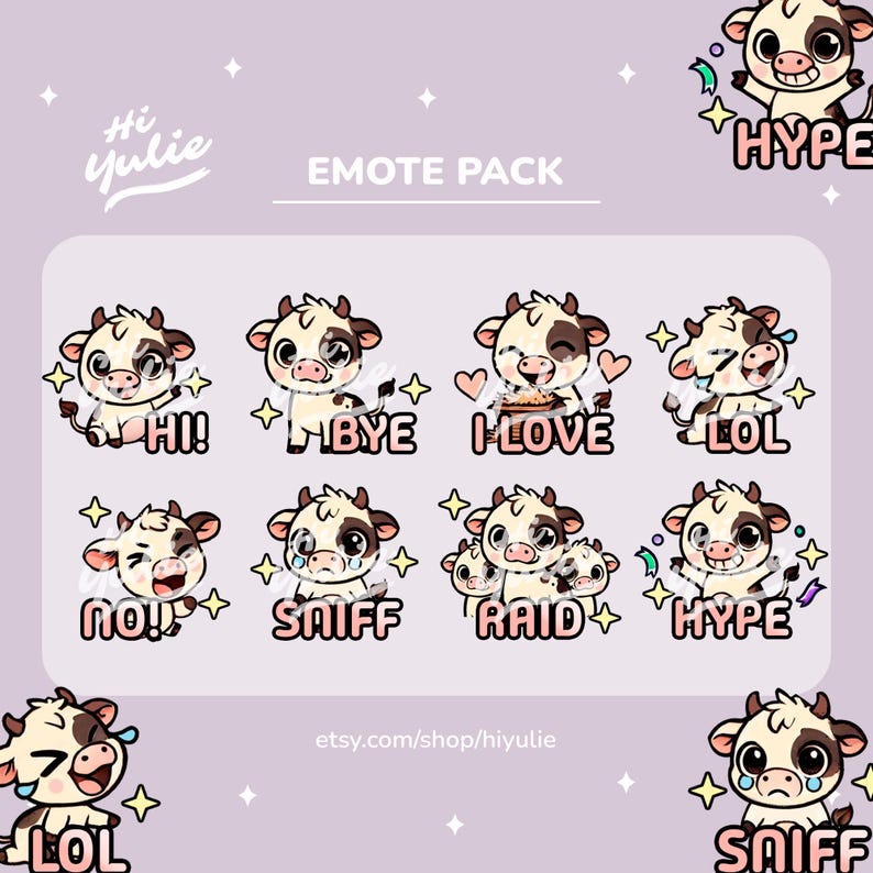 COW EMOTES Twitch, Discord, Youtube Streaming Emote Pack Hi, Bye, I ...