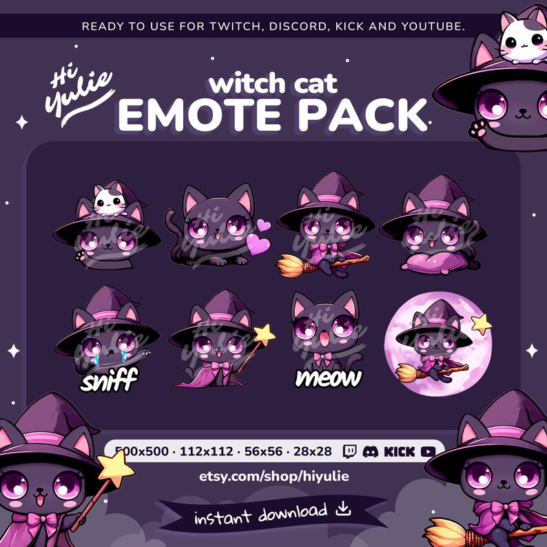 Witch Cat Emotes for Twitch, Discord, Kick and Youtube, Cute Magic ...