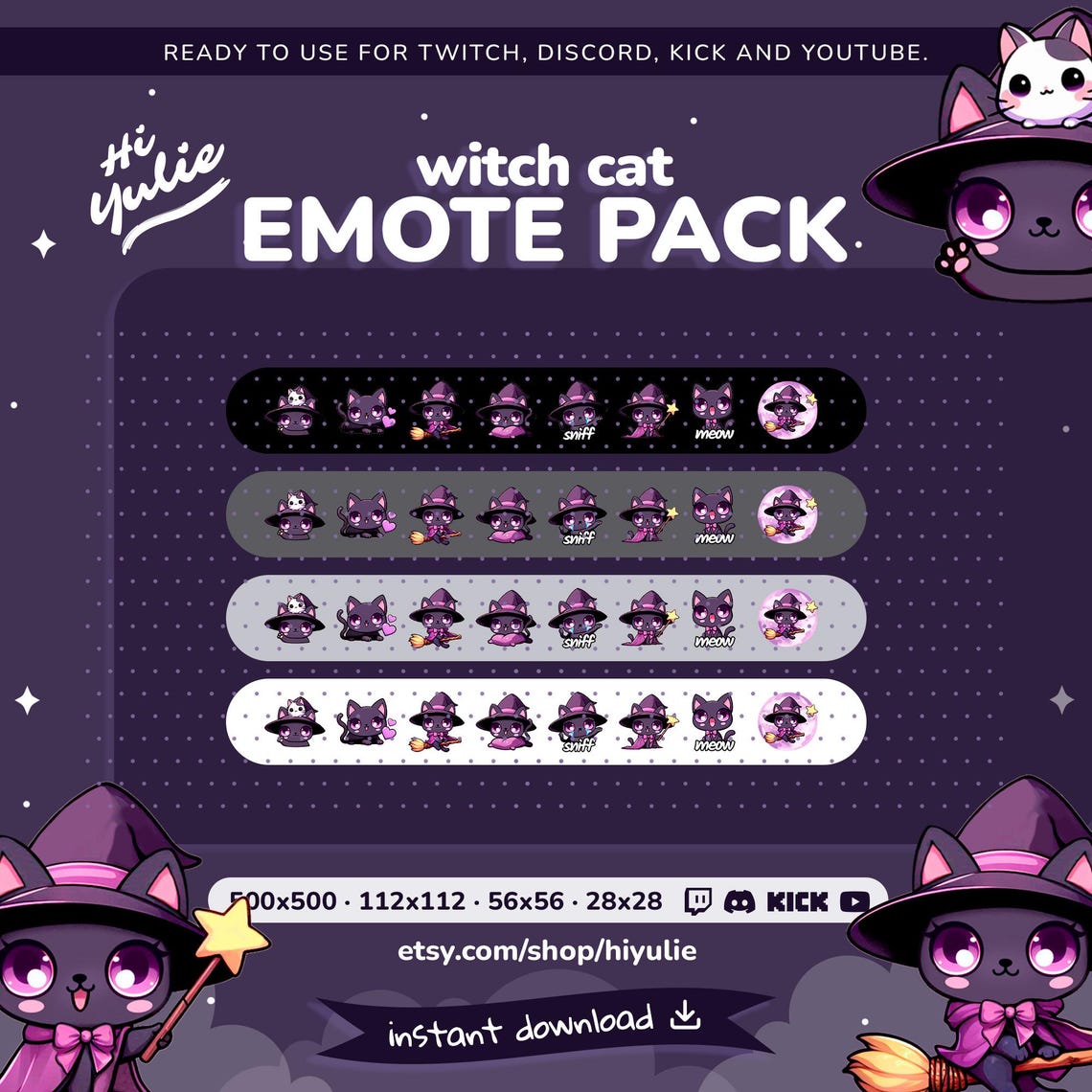 Witch Cat Emotes for Twitch, Discord, Kick and Youtube, Cute Magic ...