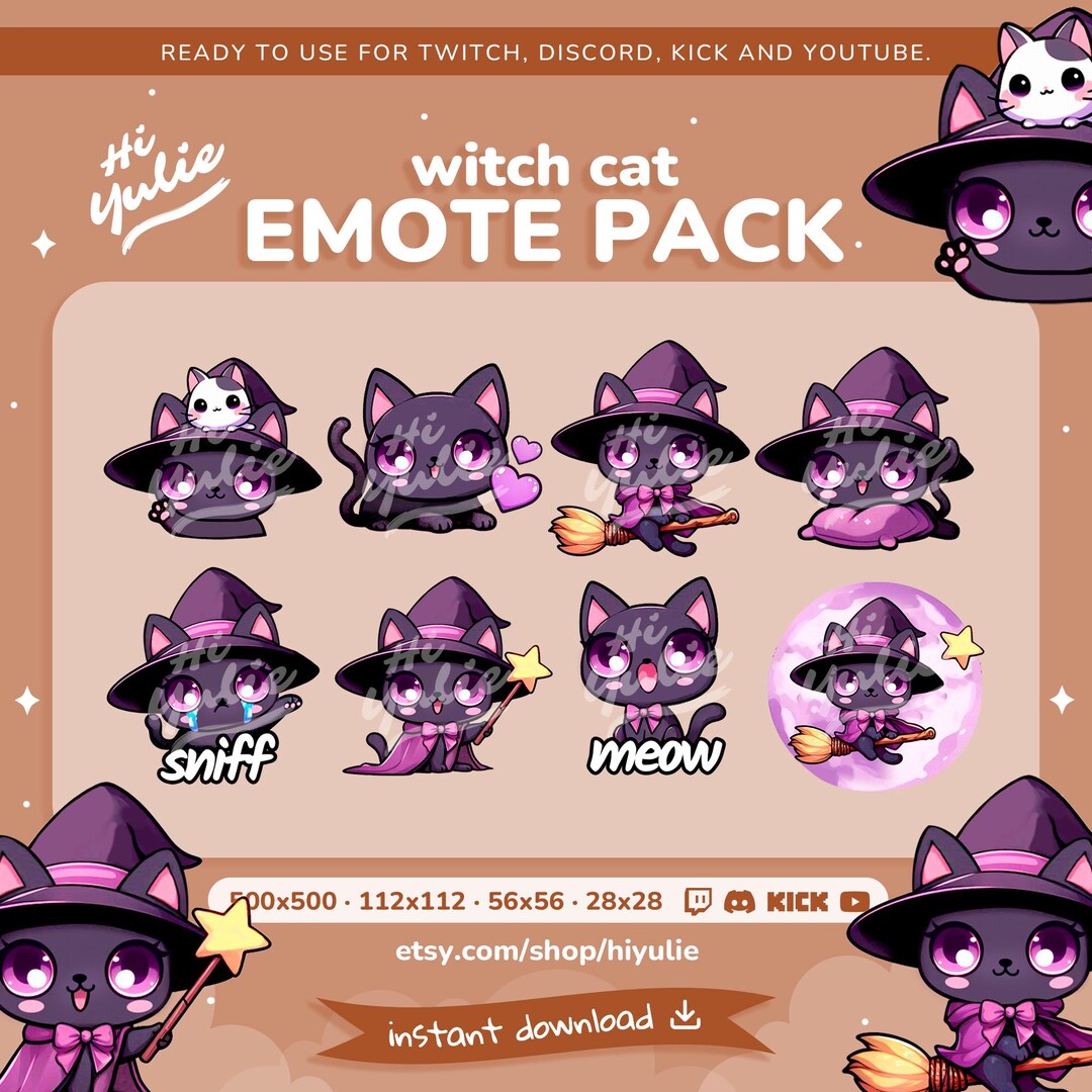 Witch Cat Emotes for Twitch, Discord, Kick and Youtube, Cute Magic ...