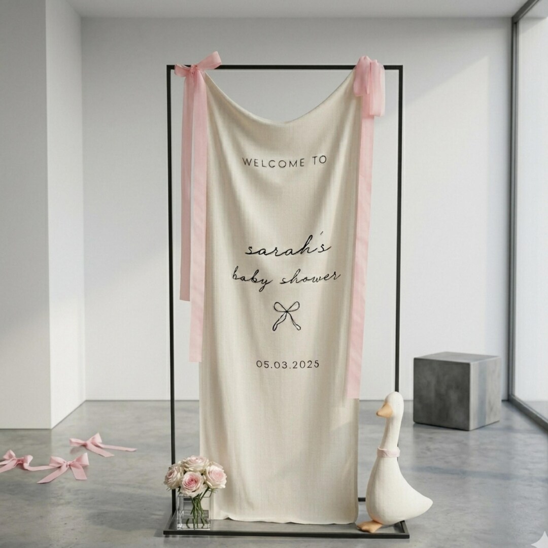 Linen Baby Shower Welcome Sign, Fabric Wedding Banner With Ribbons ...