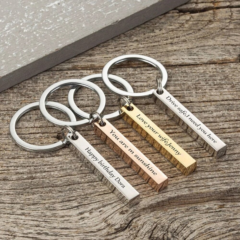 18K Gold Plated Personalized Engraved Name Keychains 1-4 Sides Engrave 3D Bar Vertical Key ...