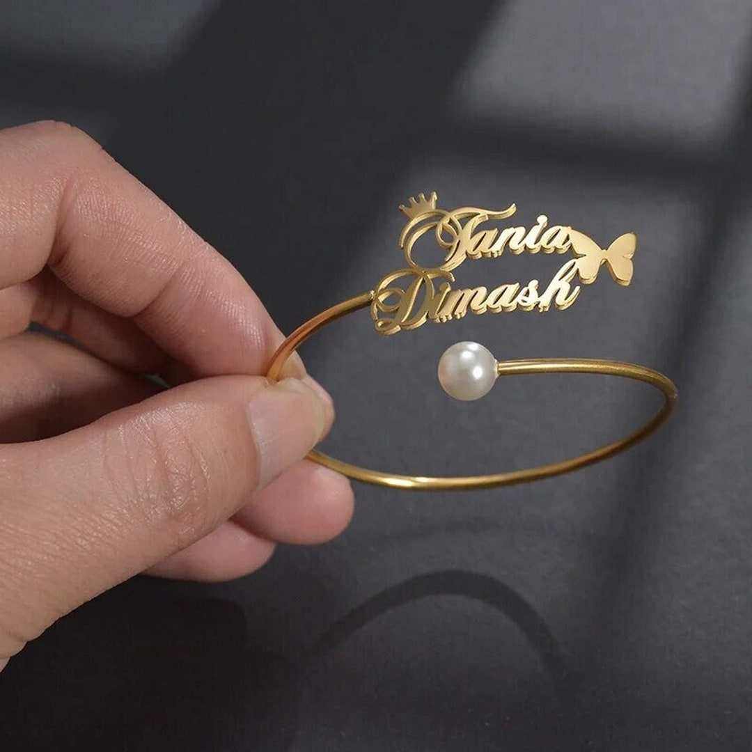 18K Gold Plated Two Name Bangle Bracelet Personalized Name Butterfly Bead Bangle Cuff Bracelet ...