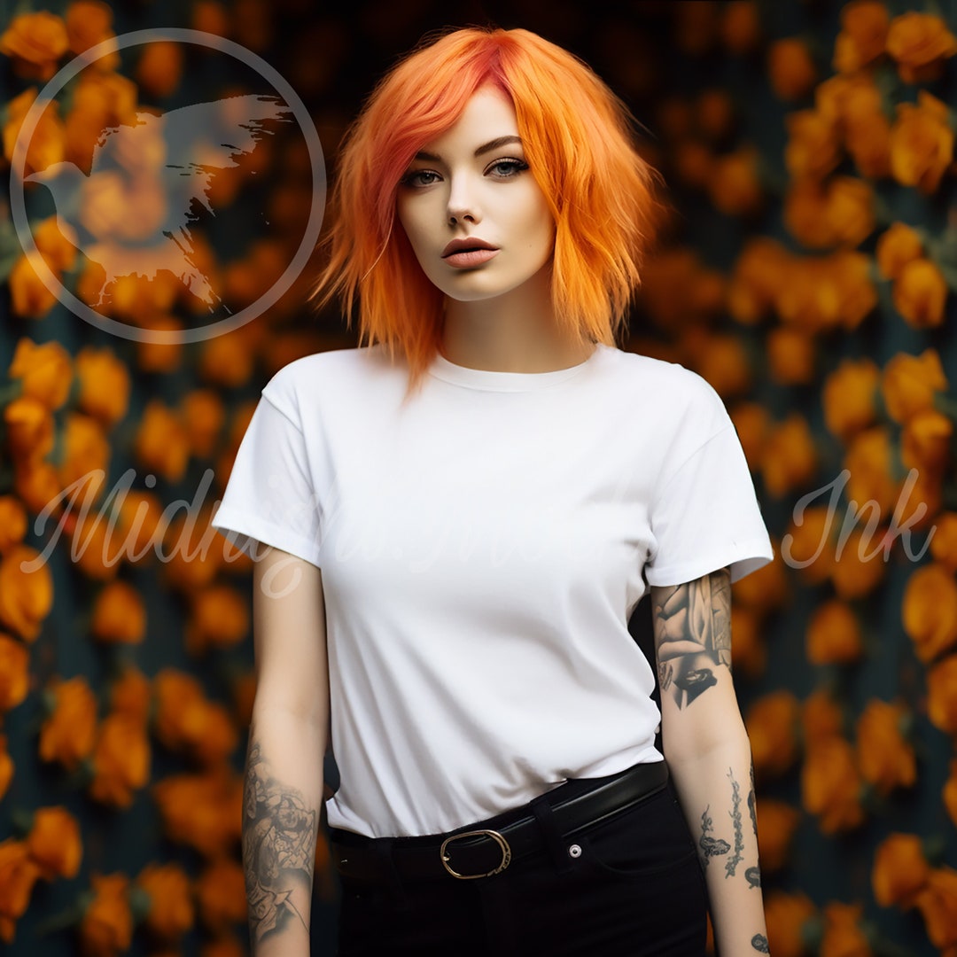 White T-shirt Mockup Tattooed Mockup Spring Orange Roses Mockup Punk ...
