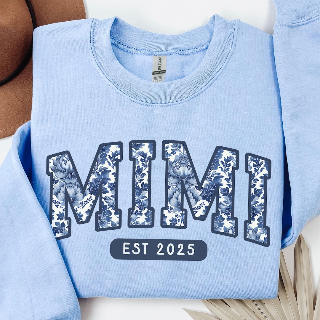 Blue Toile Mimi Sweatshirt, Mimi Est 2025 Pregnancy Announcement Shirt ...