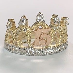 14k Solid Gold 15th Birthday / Quinceñera Crown Ring With Cubic ...