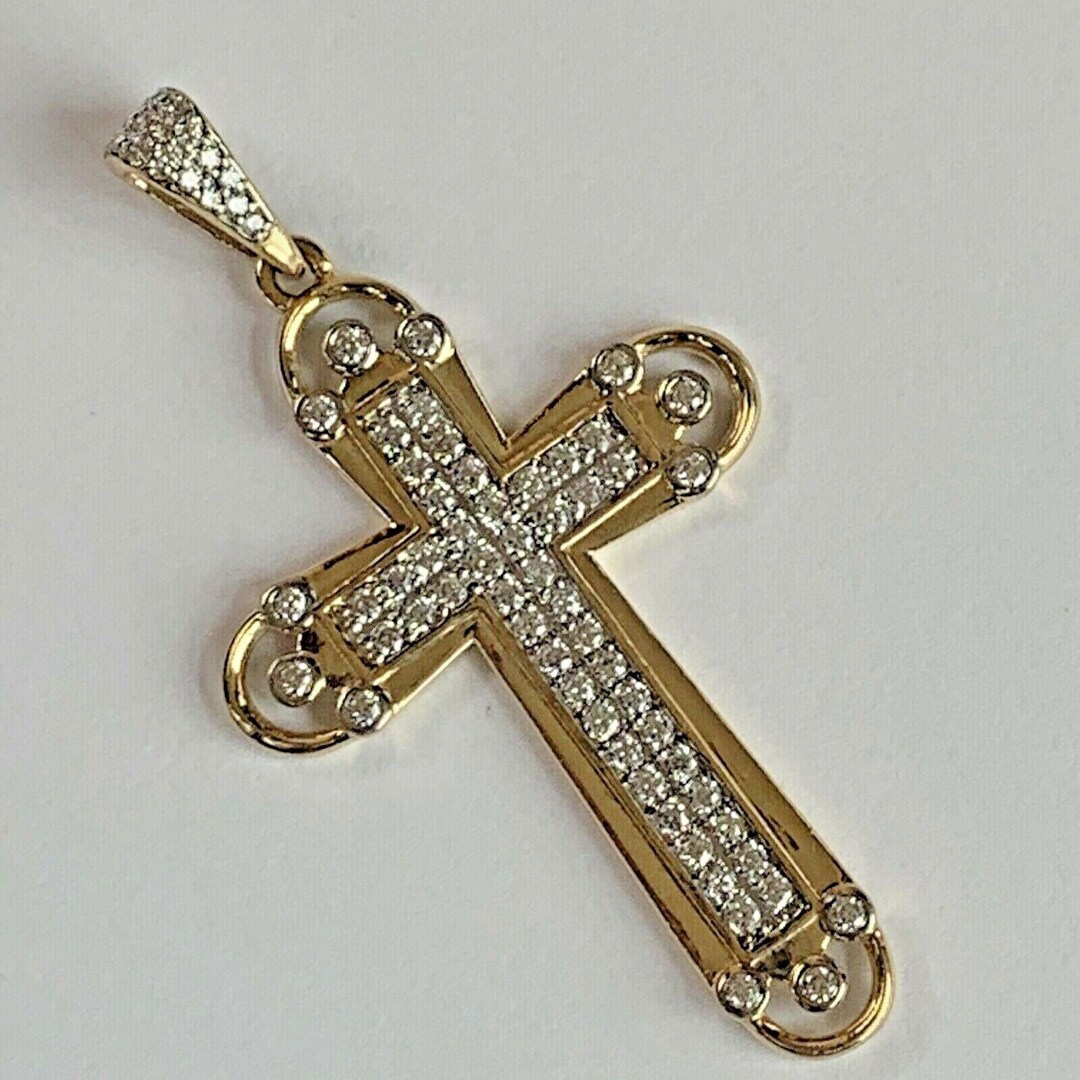 10k Gold & Cubic Zirconia Cross Religious Pendant W/ Big Bail for Thick ...