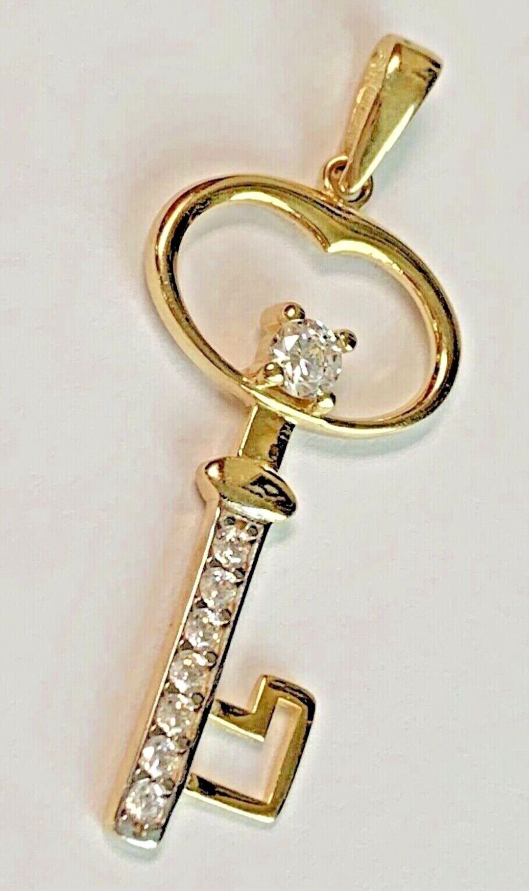 14k Solid Fine Gold & CZ Small Key Pendant for Chain / Necklace 1” Inch ...