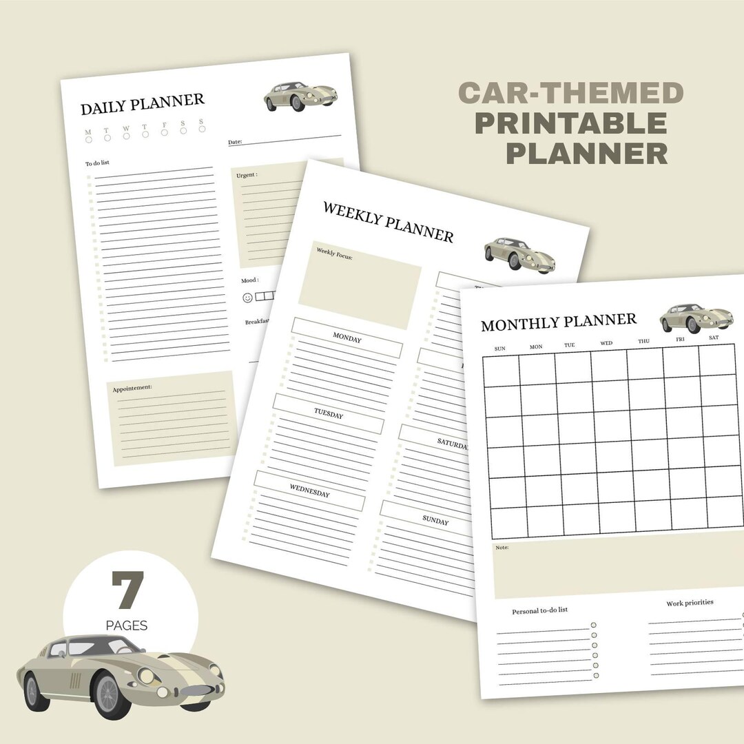 Car-themed Planner | Printable Daily, Weekly, Monthly (PDF) - Etsy