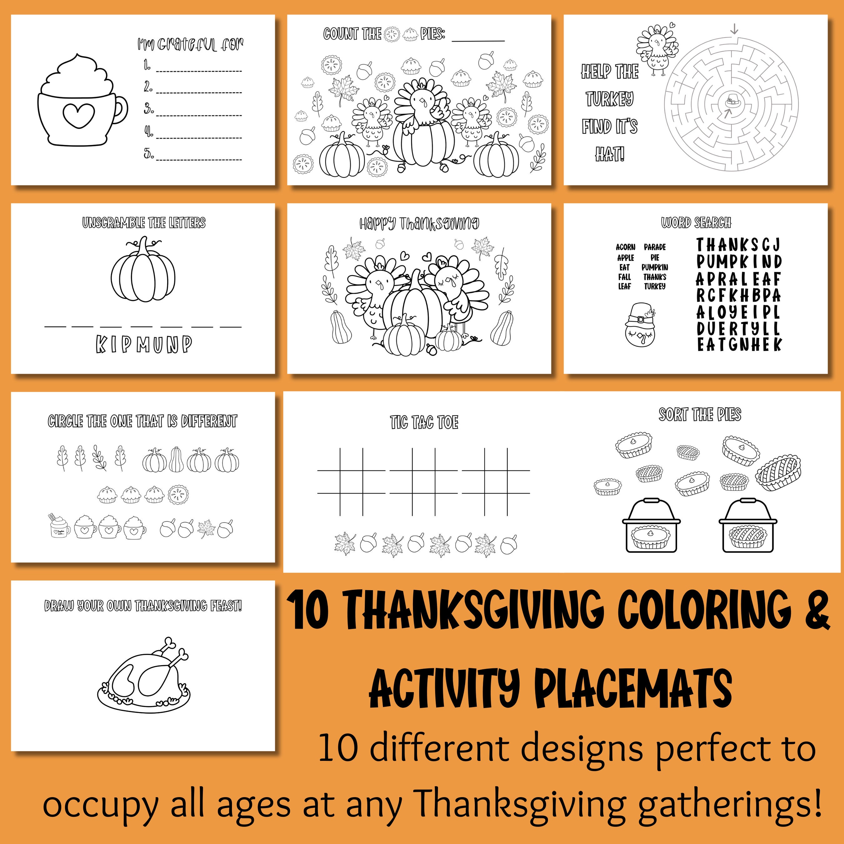 Thanksgiving Activity Place Mats, 10 Coloring and Activity Pages for ...