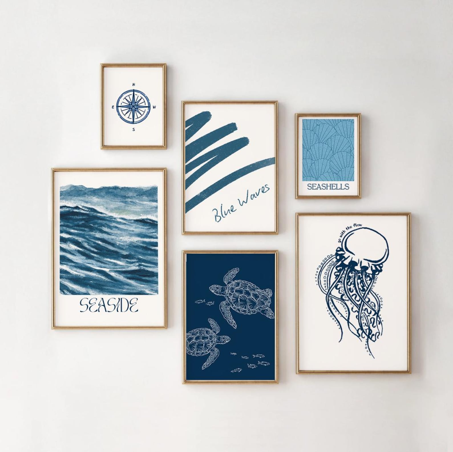Dark Blue Coastal Prints Wall Art Set of 6 for Beach House, Bedroom ...