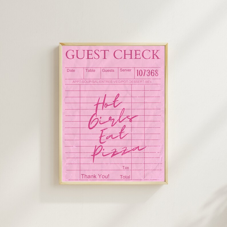 Pink Guest Check Poster, Hot Girls Eat Pizza, Trendy Wall Art, Guest ...