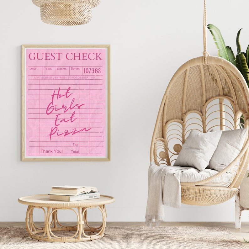 Pink Guest Check Poster, Hot Girls Eat Pizza, Trendy Wall Art, Guest Check Print, It Girl Print ...