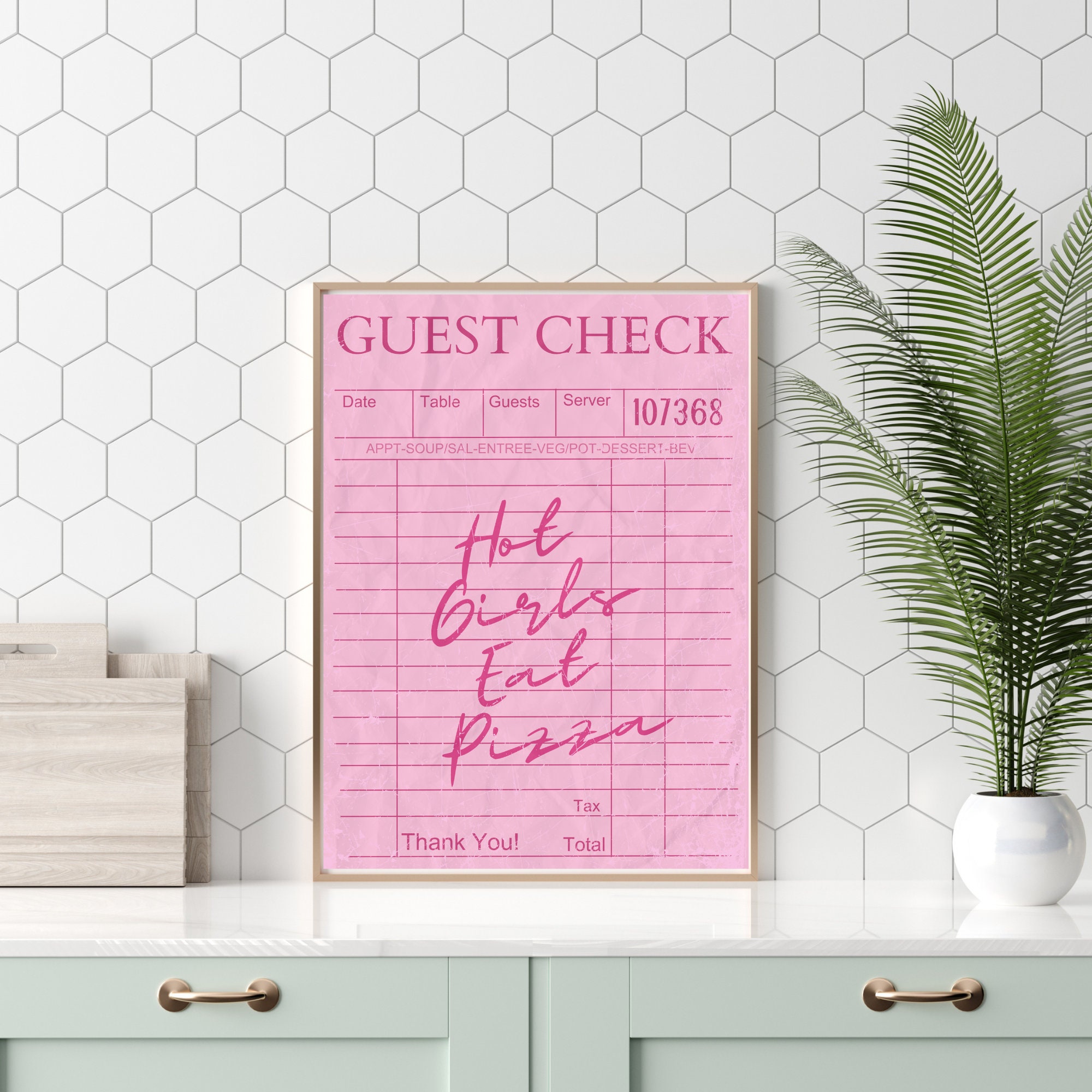 Pink Guest Check Poster, Hot Girls Eat Pizza, Trendy Wall Art, Guest Check Print, It Girl Print ...