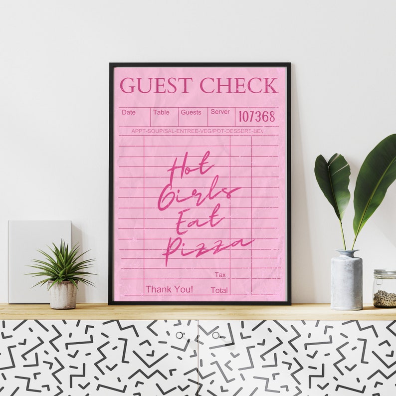 Pink Guest Check Poster, Hot Girls Eat Pizza, Trendy Wall Art, Guest Check Print, It Girl Print ...