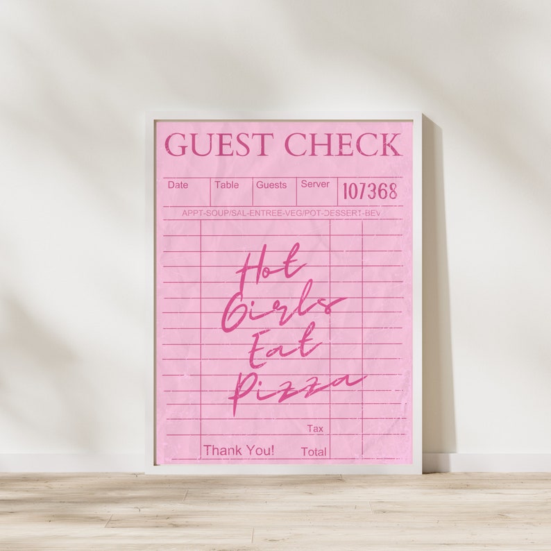 Pink Guest Check Poster, Hot Girls Eat Pizza, Trendy Wall Art, Guest ...