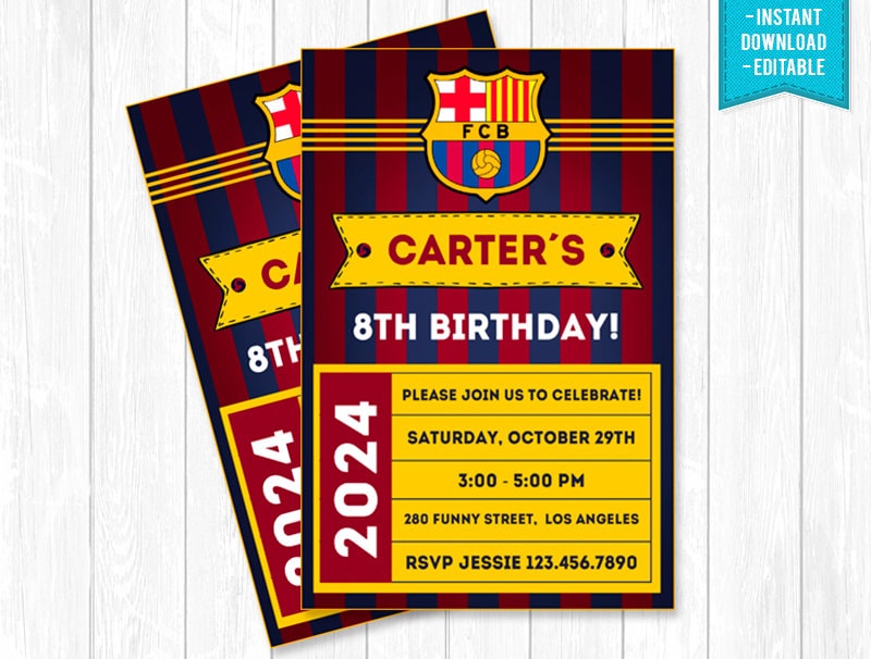 Barcelona Invitation Party Birthday Messi Cristiano Futbol Soccer ...