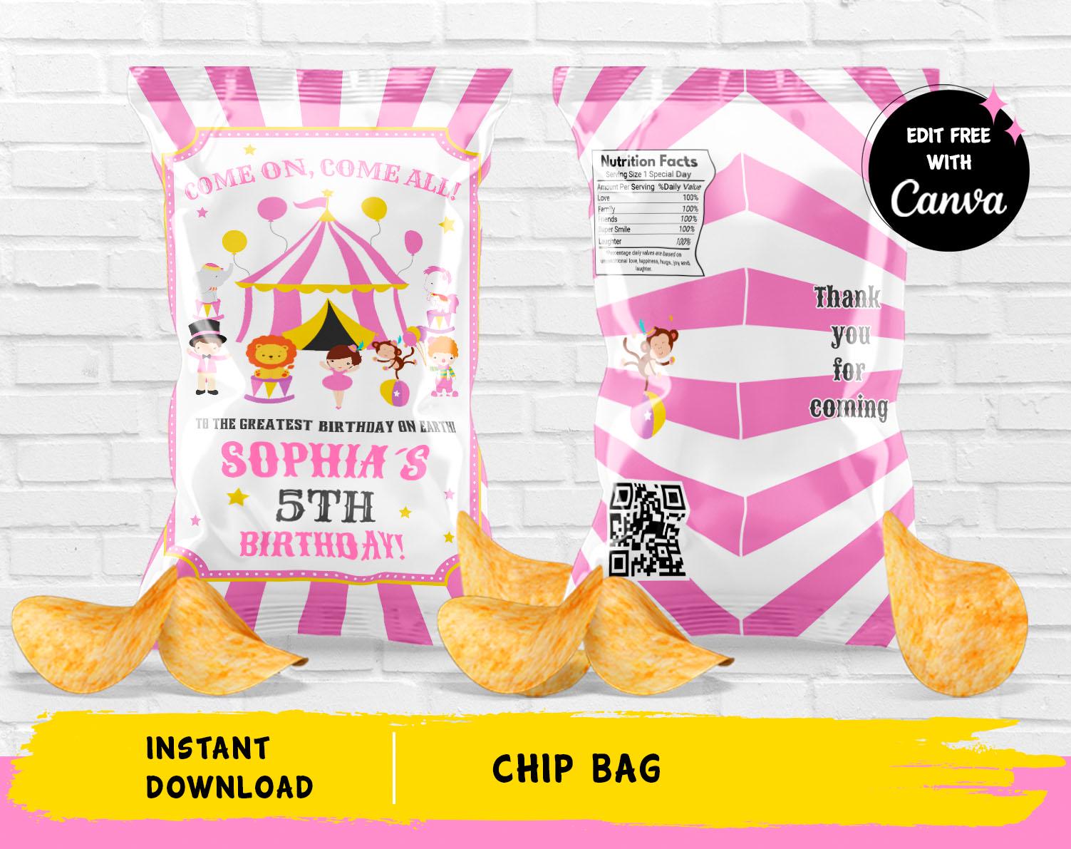 Circus Pink Chip Bag Circus Potato Chips Circus Birthday Animals Chip ...